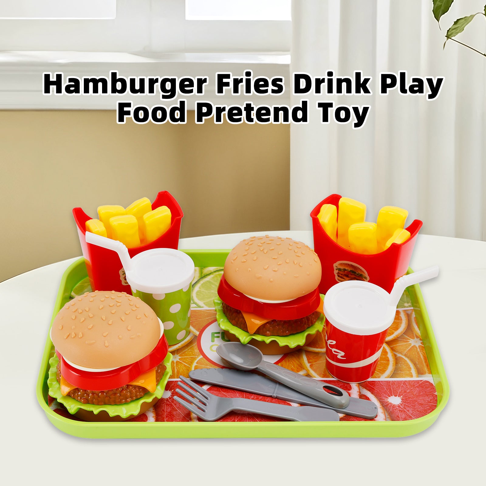 Hamburger Waffles Fries Drink Play Food Pretend Toy Kitchen Set Childr
