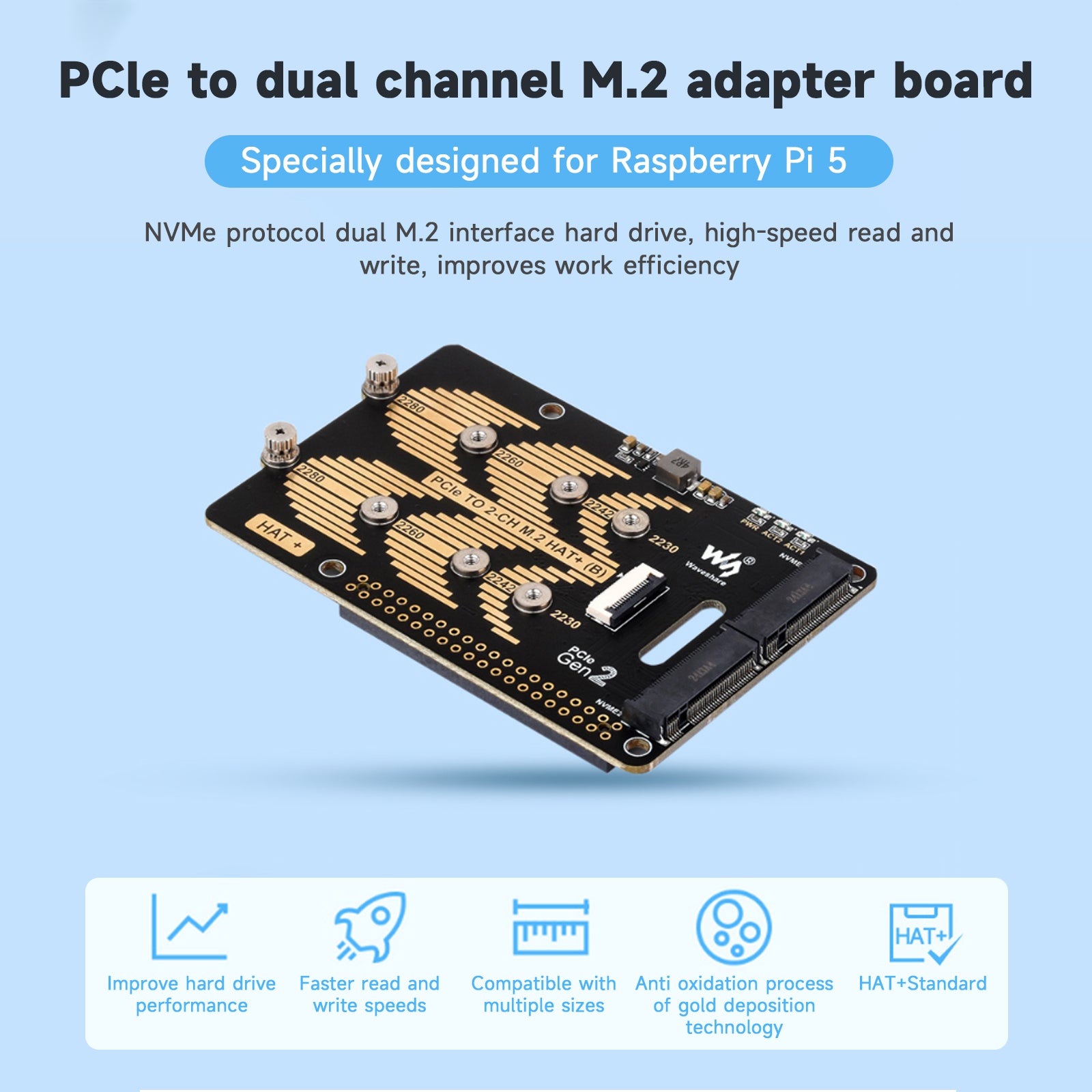 Raspberry Pi 5 PCIe Dual Channel Rotary Board Nvme Protocol Dual M.2 H