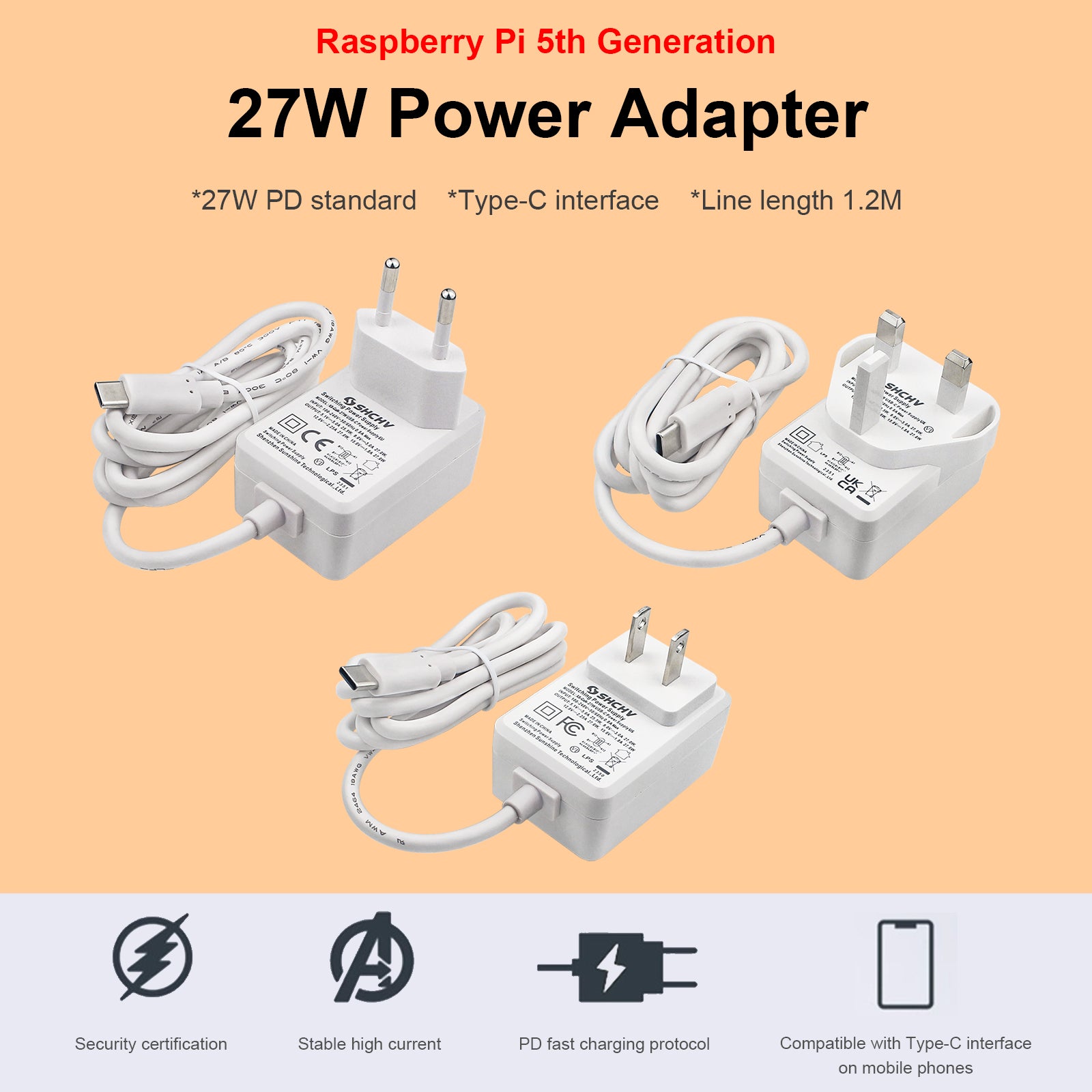 Raspberry Pi 5 Power Adapter USB-C Interface 27W Power 5V5A Full Curre