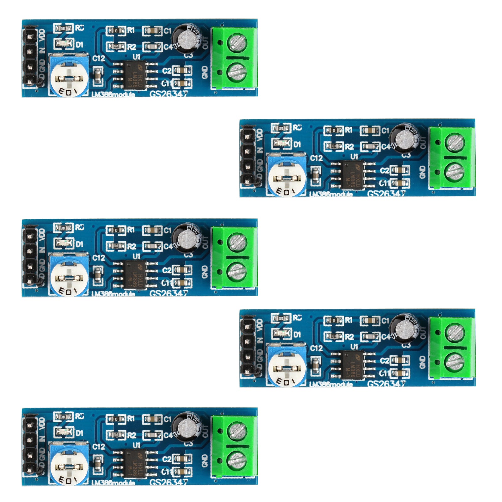 5x LM386 Audio Amplifier Module 200 Times 5V-12V Input 10K Adjustable